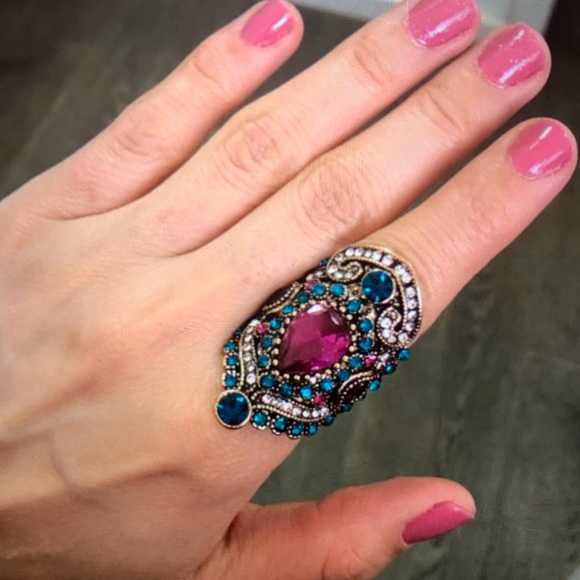 Jewelry | Gold Pink Blue Crystal Vintage Turkish Ring | Poshmark